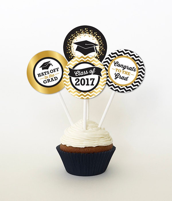 Graduation Cupcake Toppers PRINTABLE Black and Gold Tones 2