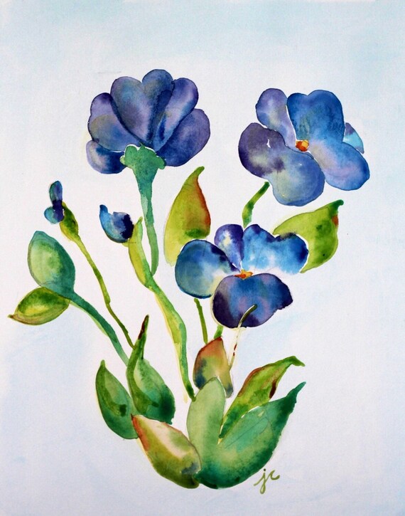 Purple and Blue Violets Art Print Original Handpainted in