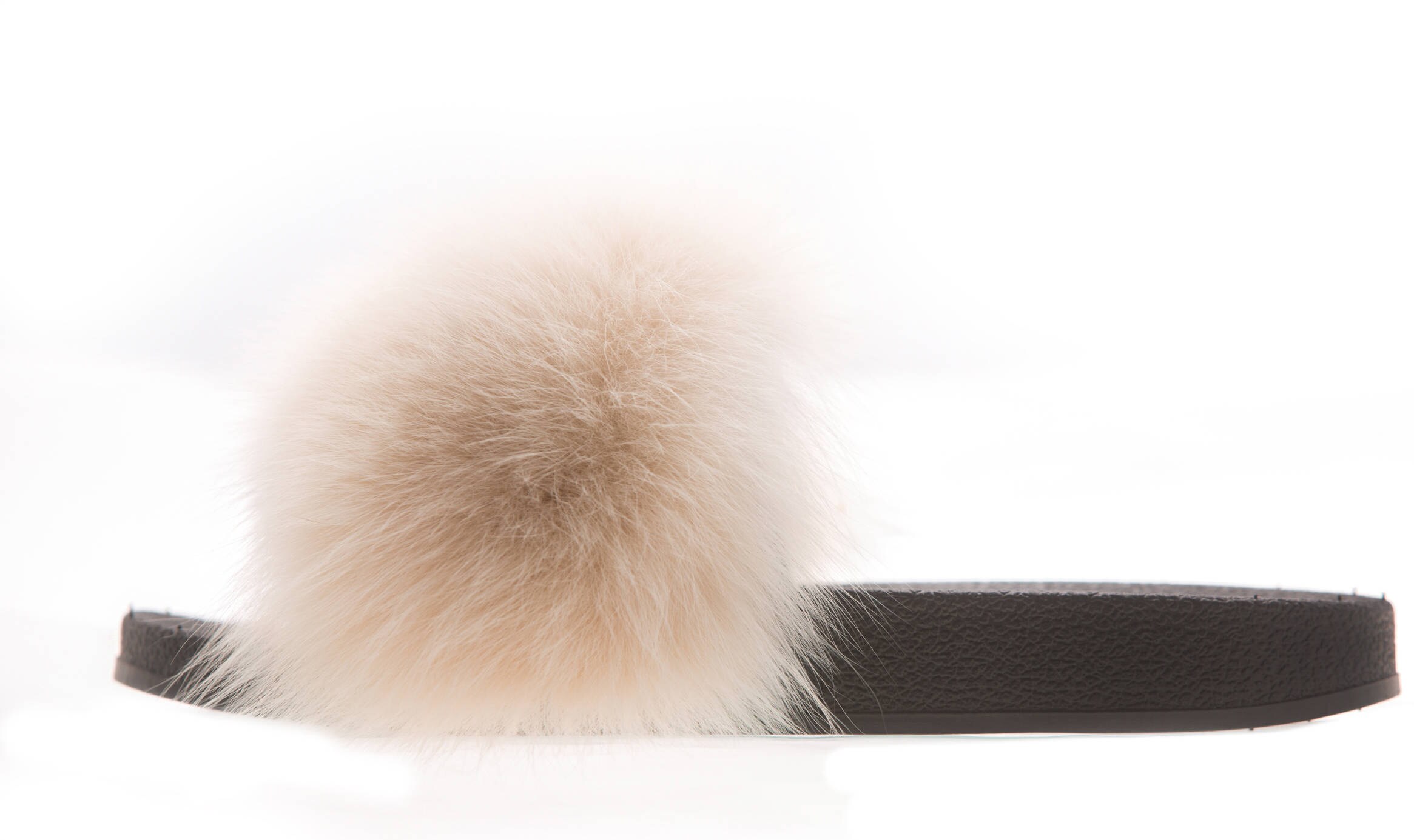 Real Fox Fur Slides Cream Fluffy Slides Rubber Fur Sandals
