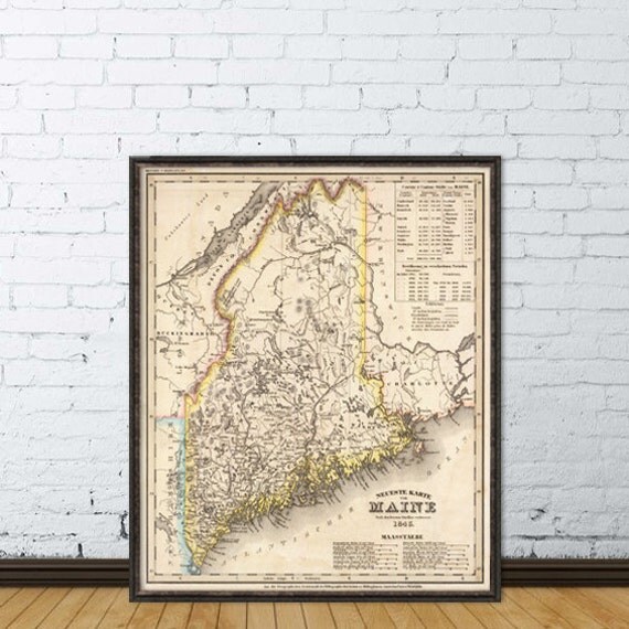 Old map of Maine Historical map restored Wall map giclee