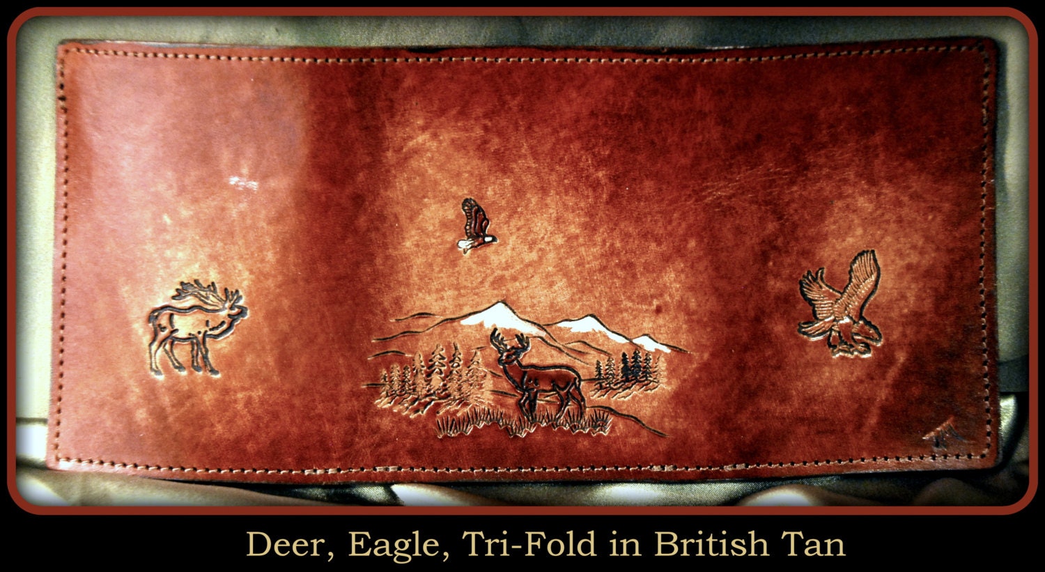 Brown Leather Wallet Men's Tri Fold with Deer Elk and