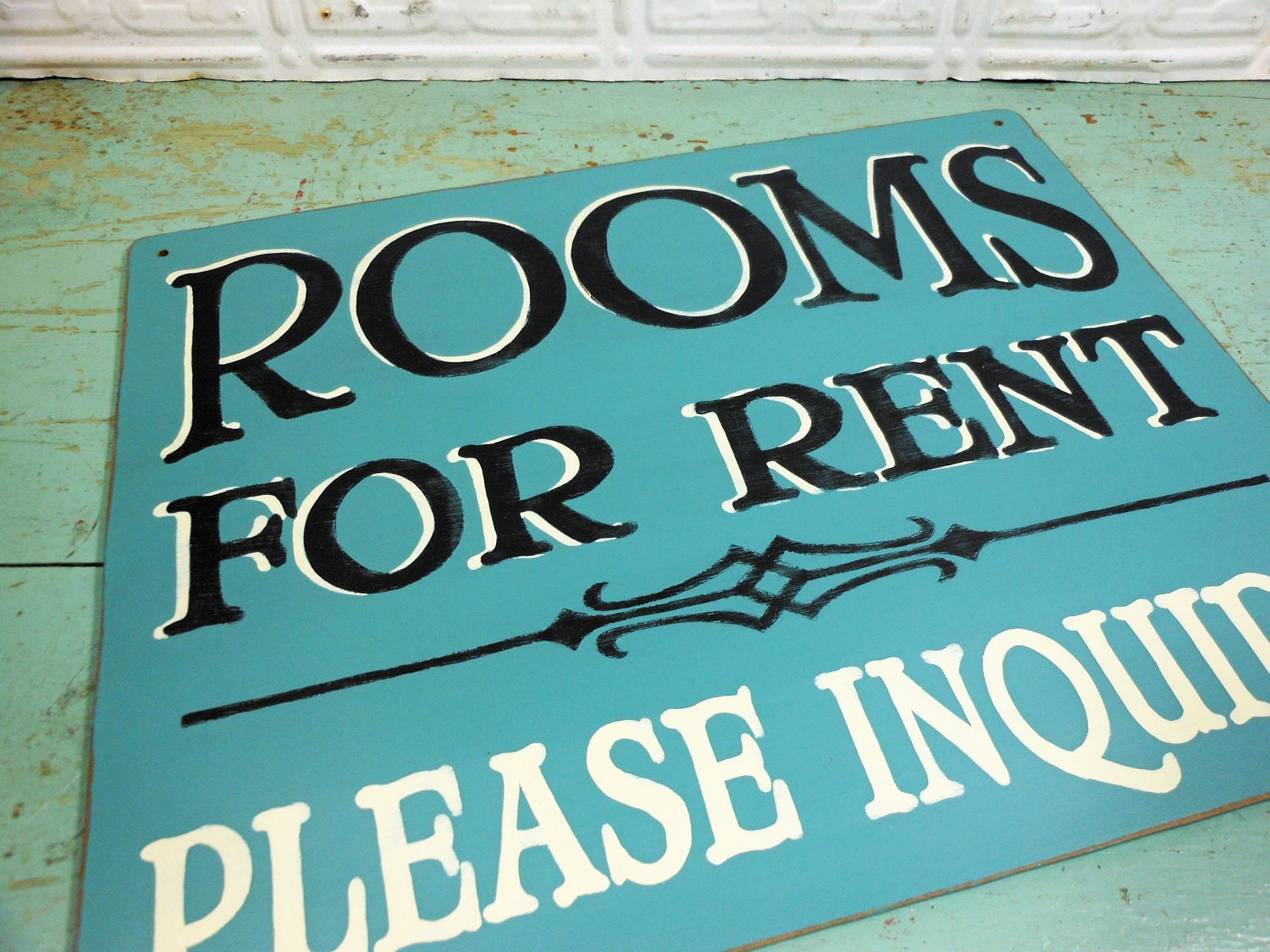 Painted Rooms for Rent Sign Blue Black & White Wooden Sign