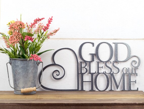 God Bless Our Home Metal Sign Heart Religious Decor God
