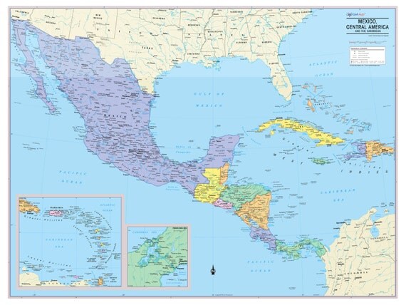 Mexico Central America and Caribbean Map Wall Poster 2018