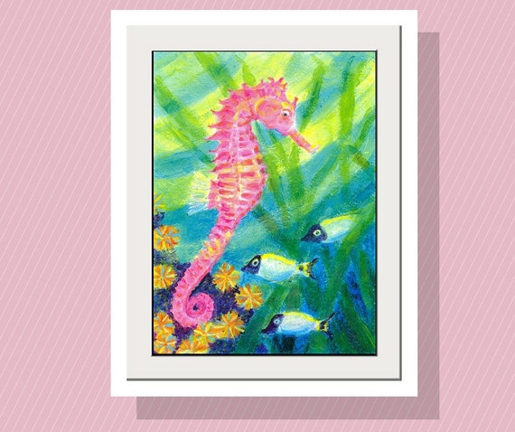 Kids Wall Art Pink Seahorse Art Print 10 x 14 Beach