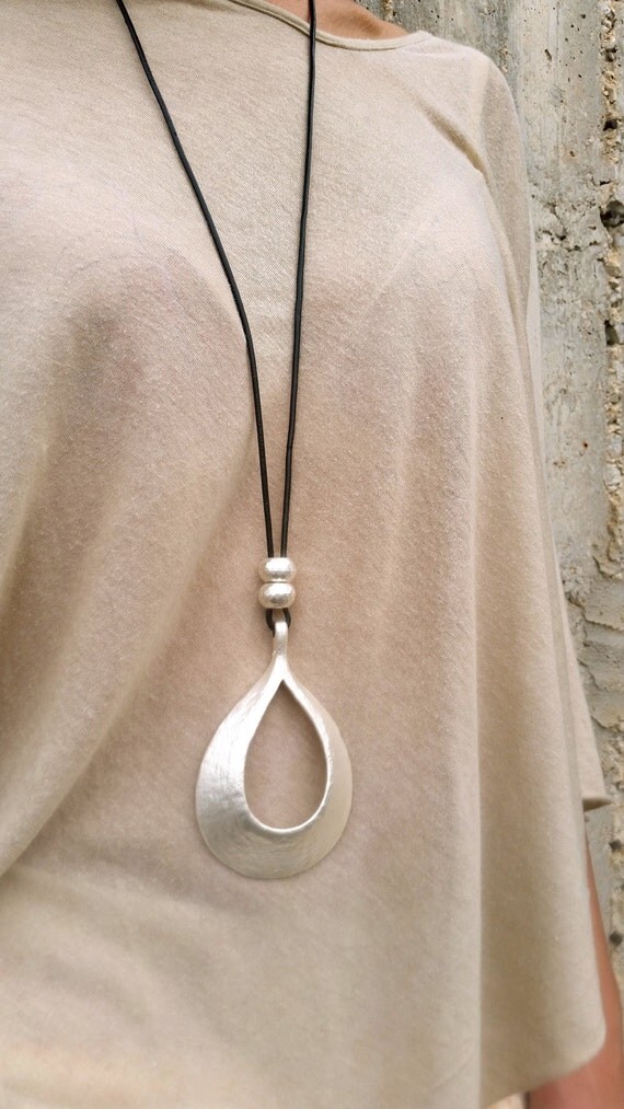 Long Pendant Necklace Big Silver Pendant Statement necklace