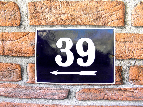 Vintage Sign With House Number 39 Blue and White Enamel Metal