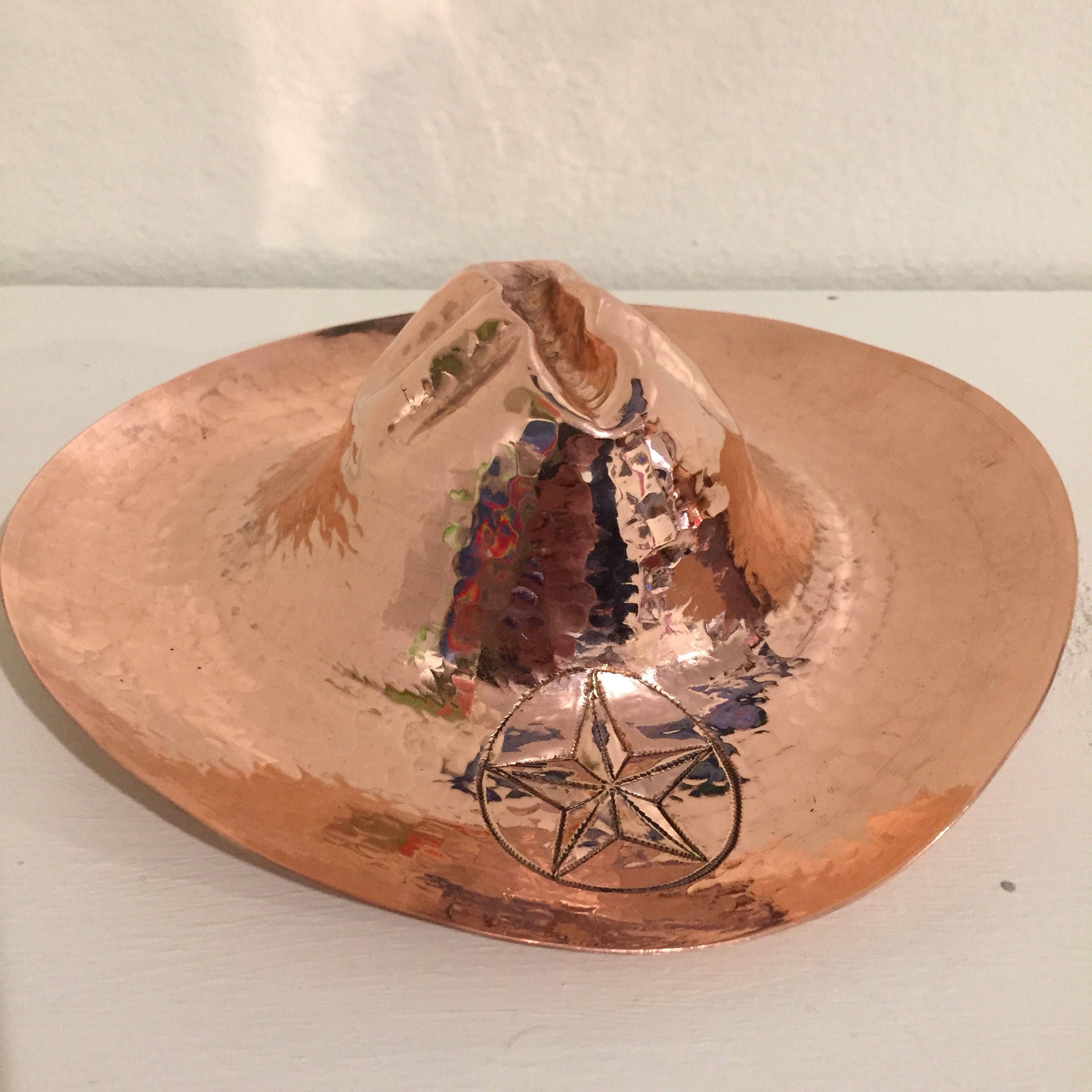 Handcrafted hammered copper cowboy hat ashtray/candy dish w/ Texas Star ...