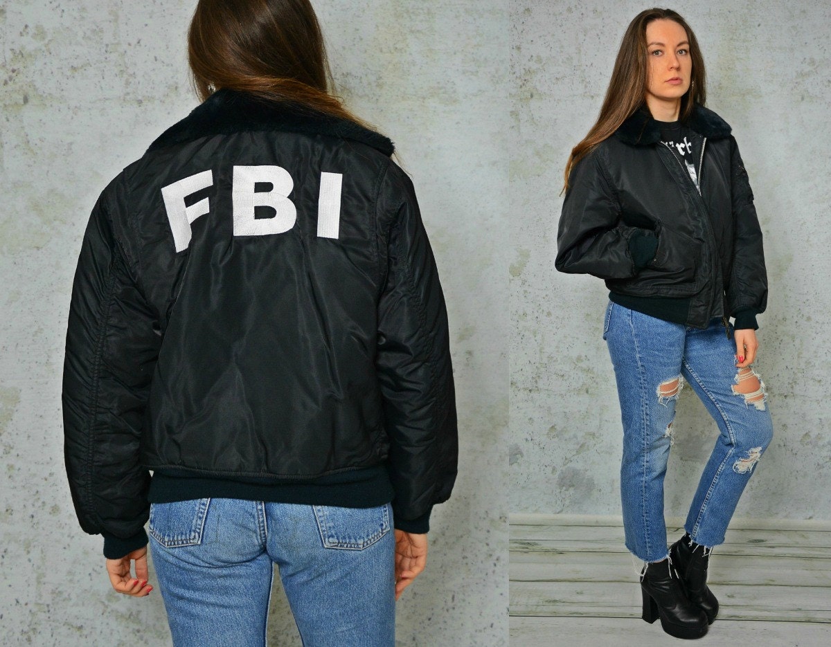 FBI Bomber Jacket Black Vintage hipster puff puffer zippered