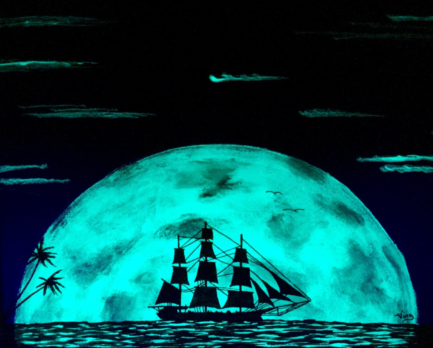 Glowing Art Pirate Ship moon rise Glow in the Dark Painting