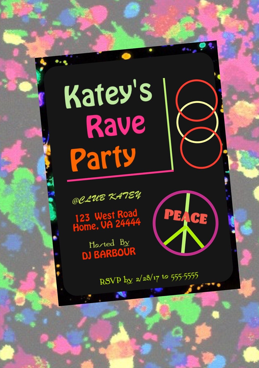 Neon Rave Party Invite Glow Party Teen Birthday Tween