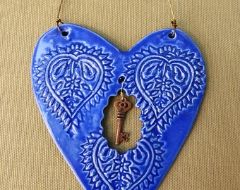 Ceramic Heart Ornament Caribbean Blue Pottery Aqua Vintage
