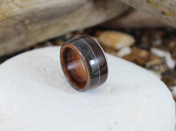Wood Ring with Dinosaur Bone Meteorite and a Guitar String.