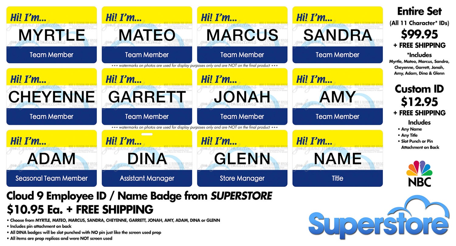 Superstore TV Show / Cloud 9 Employee Name Tag ID Badge Prop