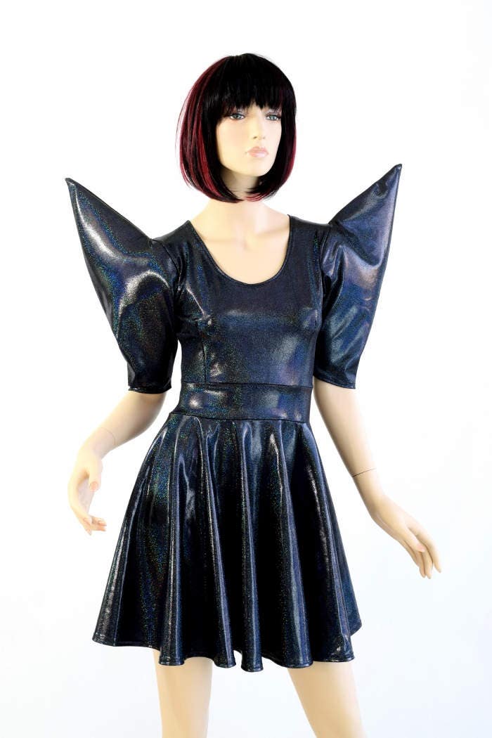 Mega Huge Sharp Shoulder Skater Dress in Black Holographic