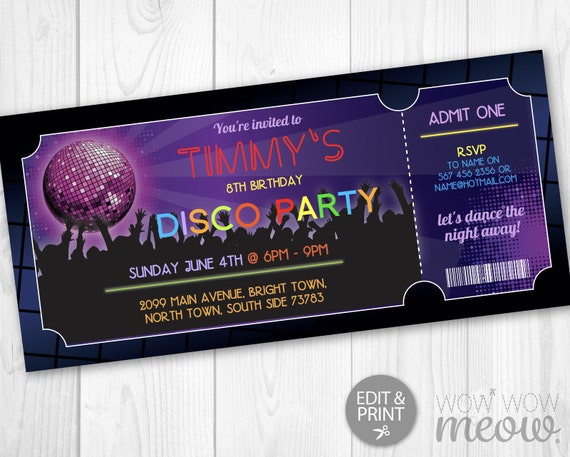 Disco ticket invites Admit One Party Invite Birthday INSTANT