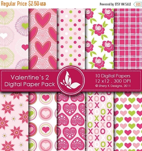 40% off Valentine's Paper Pack 2 10 Digital by SheryKDesigns