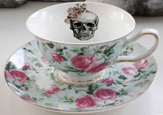 Blue Floral Skull Tea Cup and Saucer Set Skull Tea Set