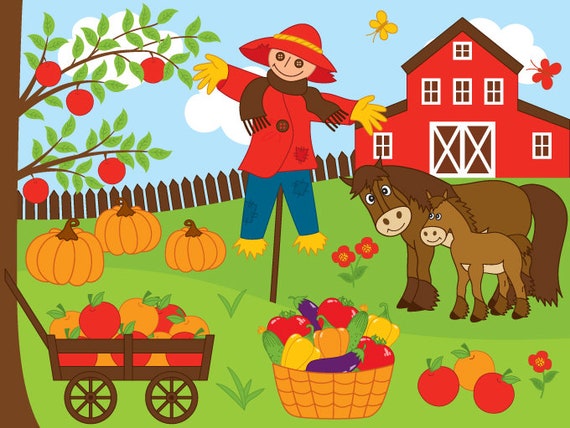 Farm Clipart Digital Vector Harvest Autumn Farm Fall