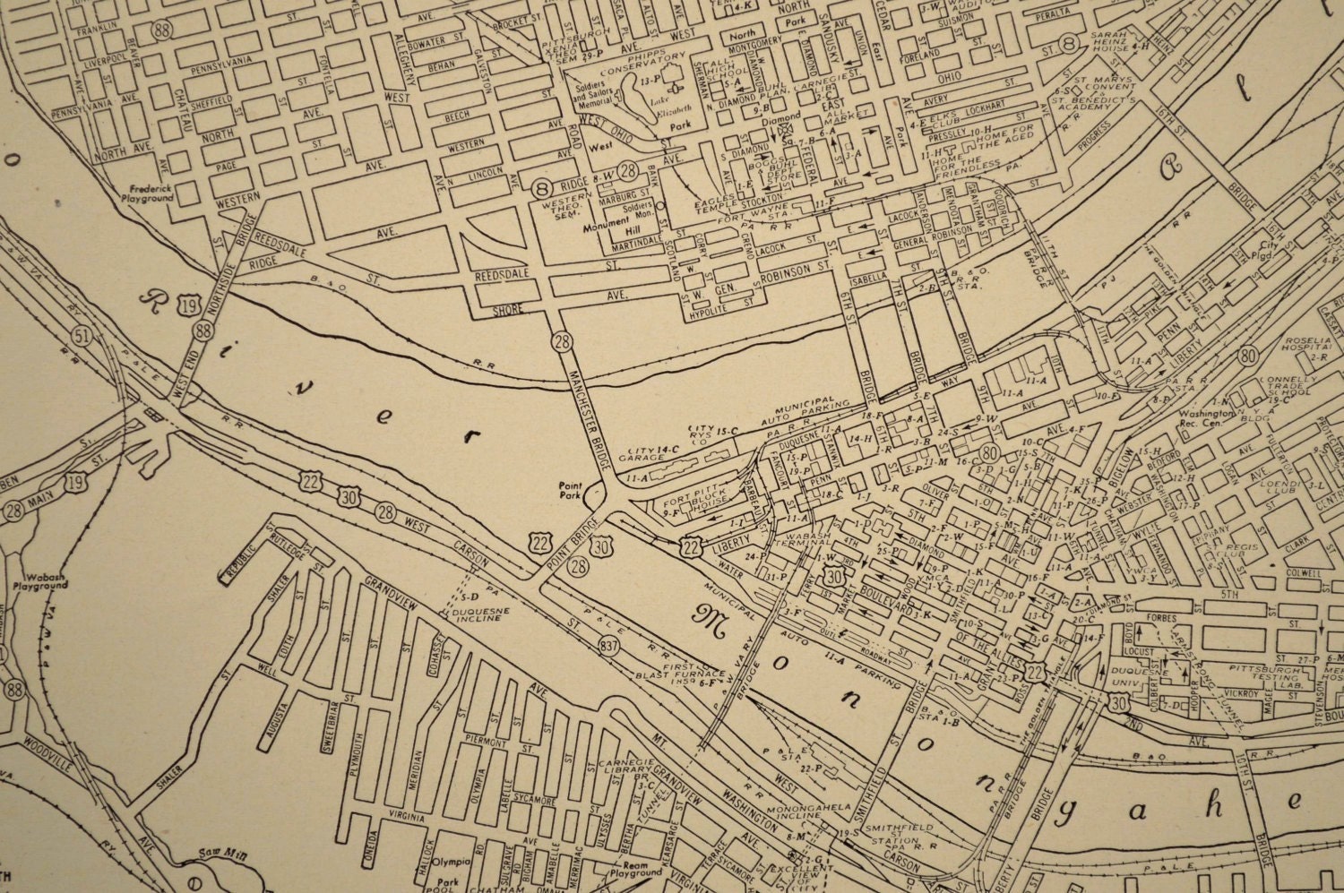 Pittsburgh Map Pittsburgh Street Map Vintage 1940s Original