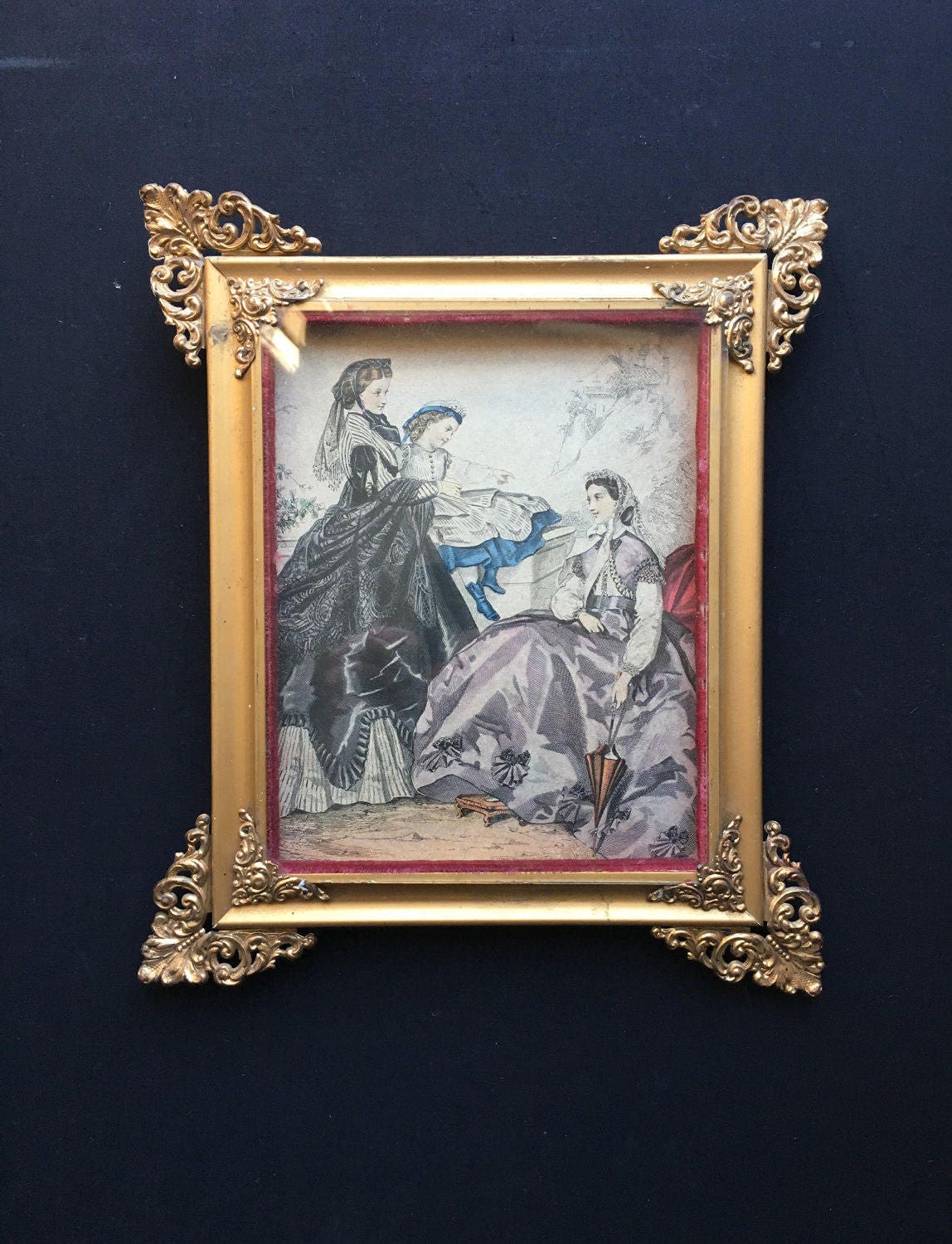 Antique Ladies Victorian Lithograph Print Featuring Velvet