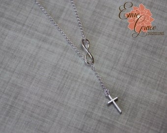 Lariat Necklace with Cross and Infinity Sterling Silver