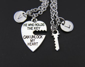 Unlock My Heart Silver Couple's Necklace Heart and Key