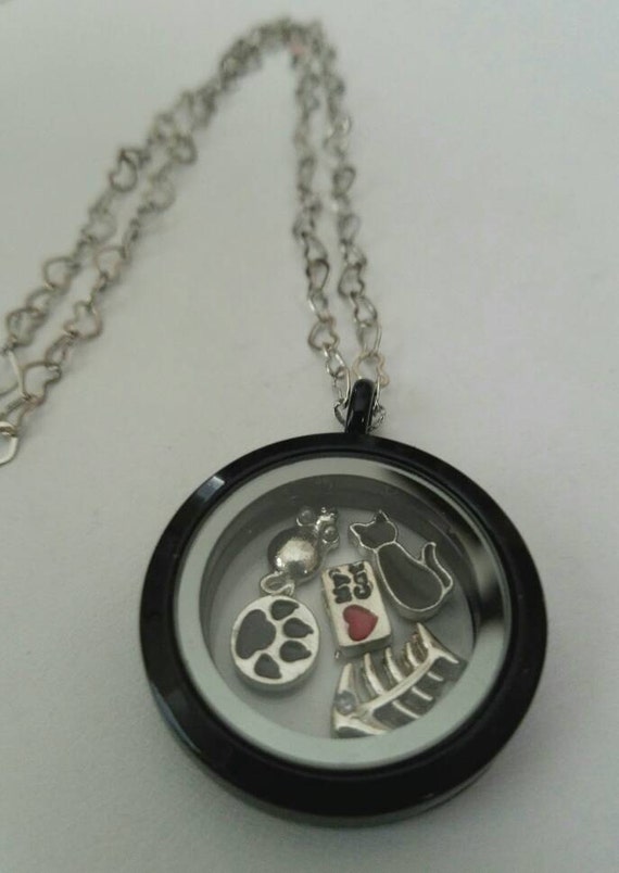 I Love Cats Theme Black Floating Locket Charm with 20