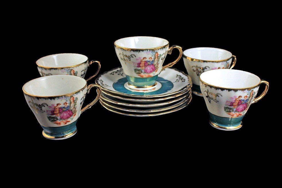 Demitasse Cups and Saucers, Portrait, Lusterware, Set of 5, Porcelain ...