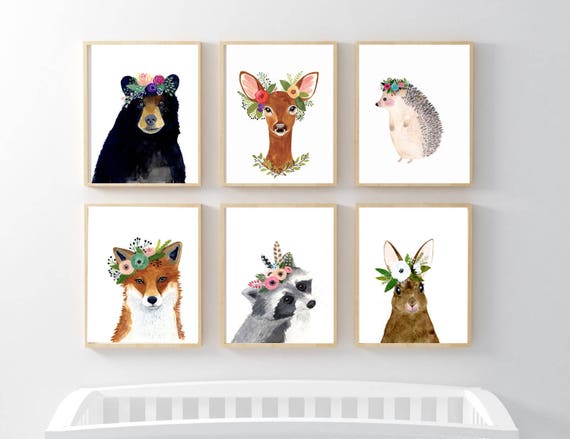 Woodland animals print set Set of 6 Prints raccoon