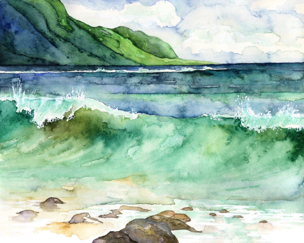 Watercolor Hawaii Painting Print titled Green