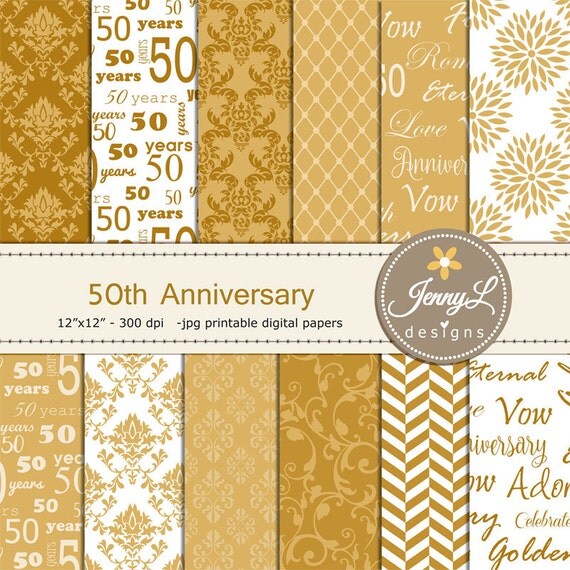 50th Anniversary Digital Papers, Golden Damask Wedding, Nuptial for ...