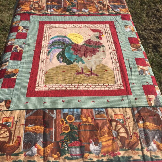 rooster quilt quilted throw art quilt hand tied quilt