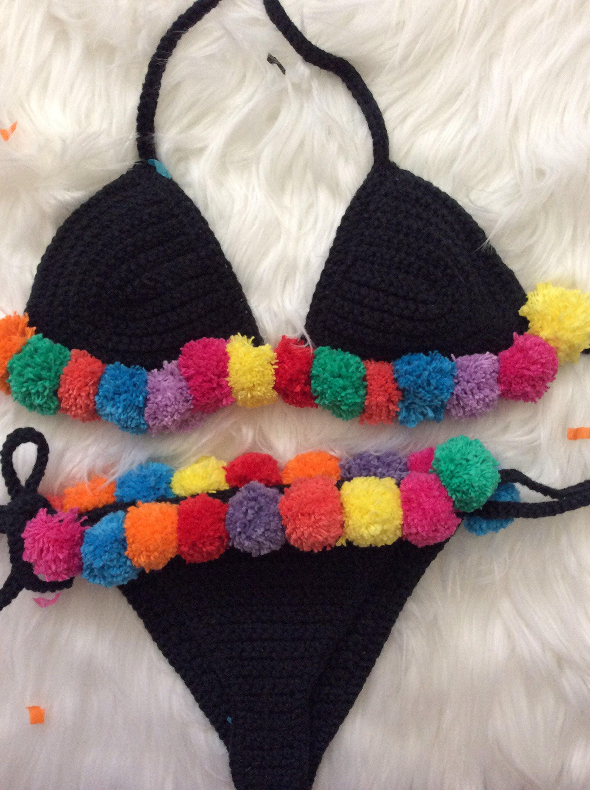 Rio pom pom boho bralette bra and cheeky bottoms crochet
