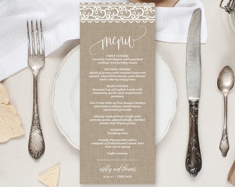 Rustic Wedding Menu Template Printable Menu Card Editable