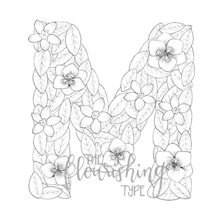 Printable Colouring Page Letter M Floral by TheFlourishingType