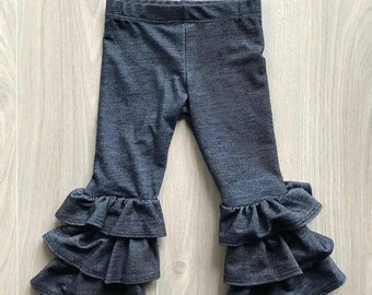 Items similar to Girls denim ruffle capris, denim pants, blue denim ...