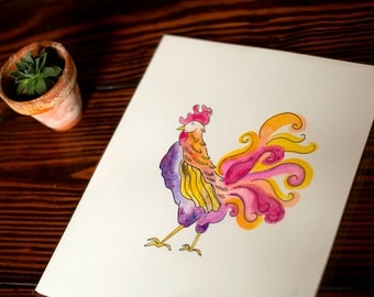 Items similar to Big Rooster original block print on Etsy