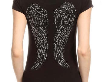 Angel Wings Silver and Black Rhinestone Iron on Shirt