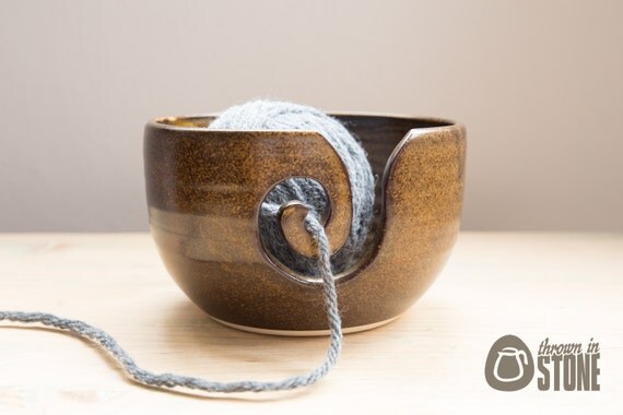 Yarn Bowl Brown Speckled Wool Bowl Wood Effect by ThrownInStone