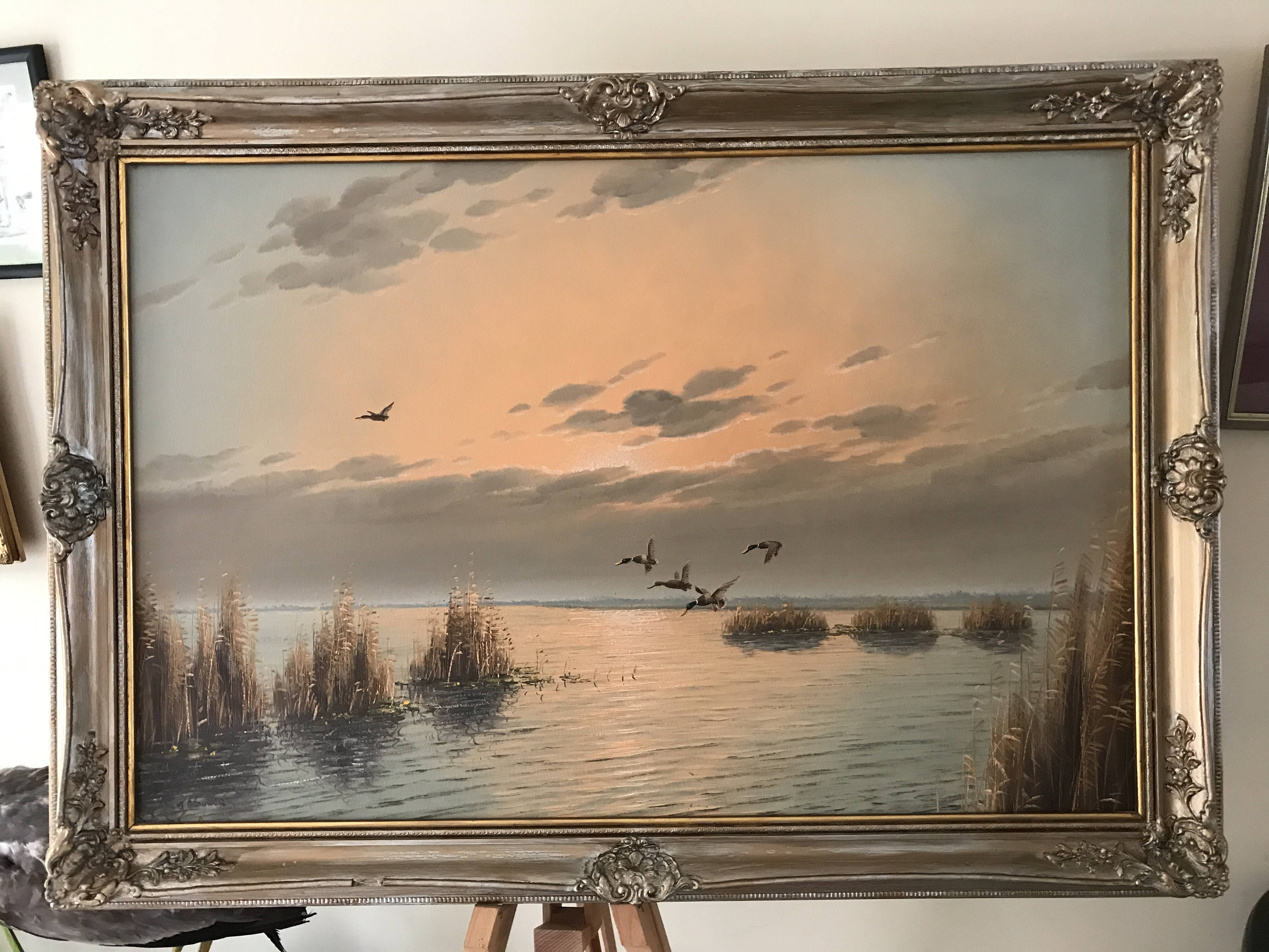 Beautiful Signed G Brouwer Oil on Canvas incoming Duck at Sunset