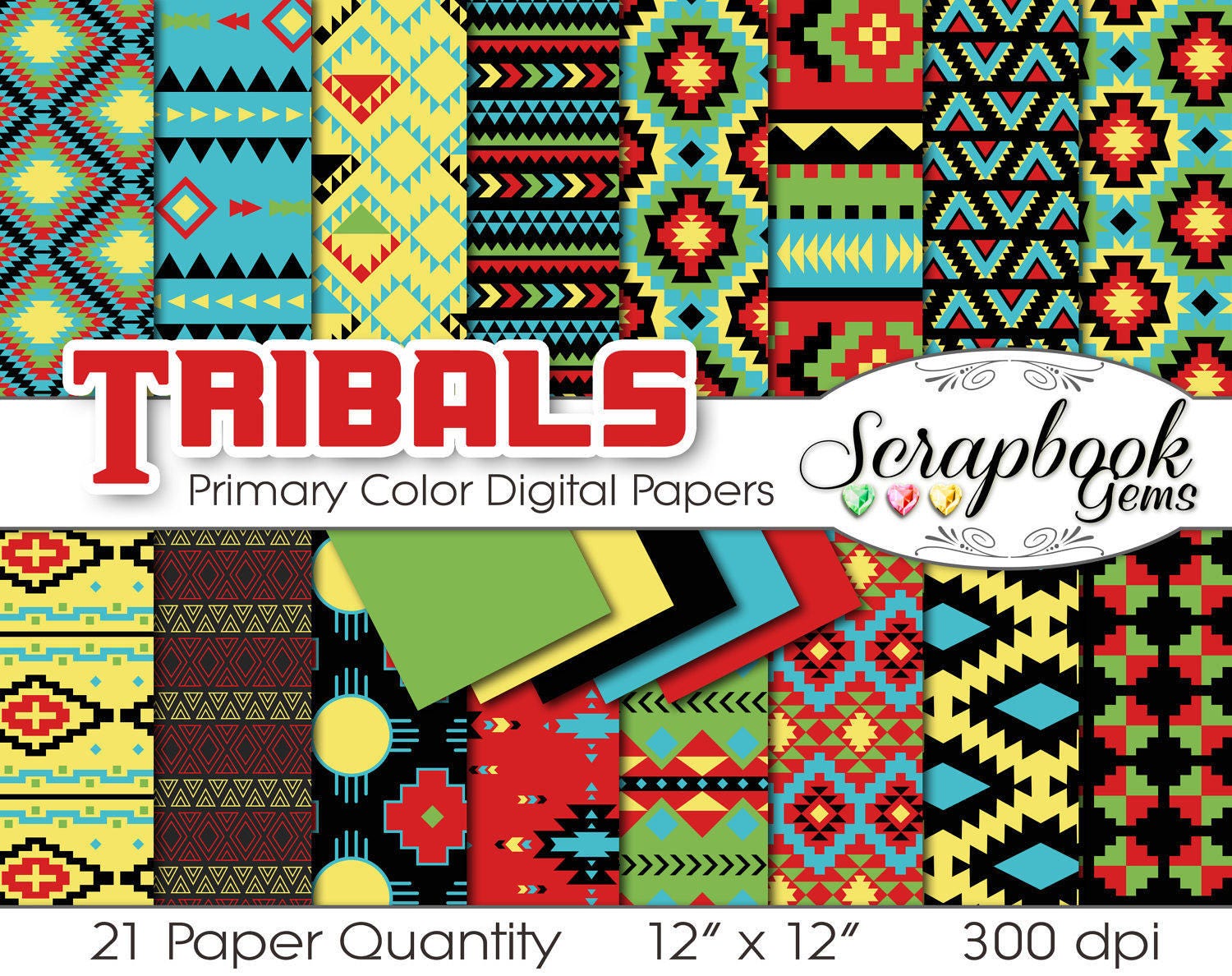 Aztec Primary Colors Digital Papers 21 Pieces 12 x