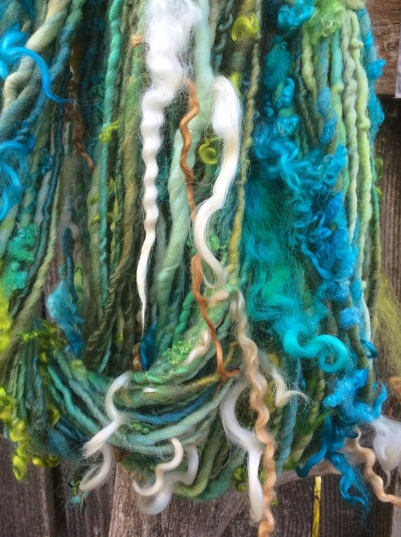 HANDSPUN Yarn Polwarth Wool Silk Thick and Thin with Hanging