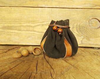 Drawstring leather pouch Coin Purse Dark brown Leather