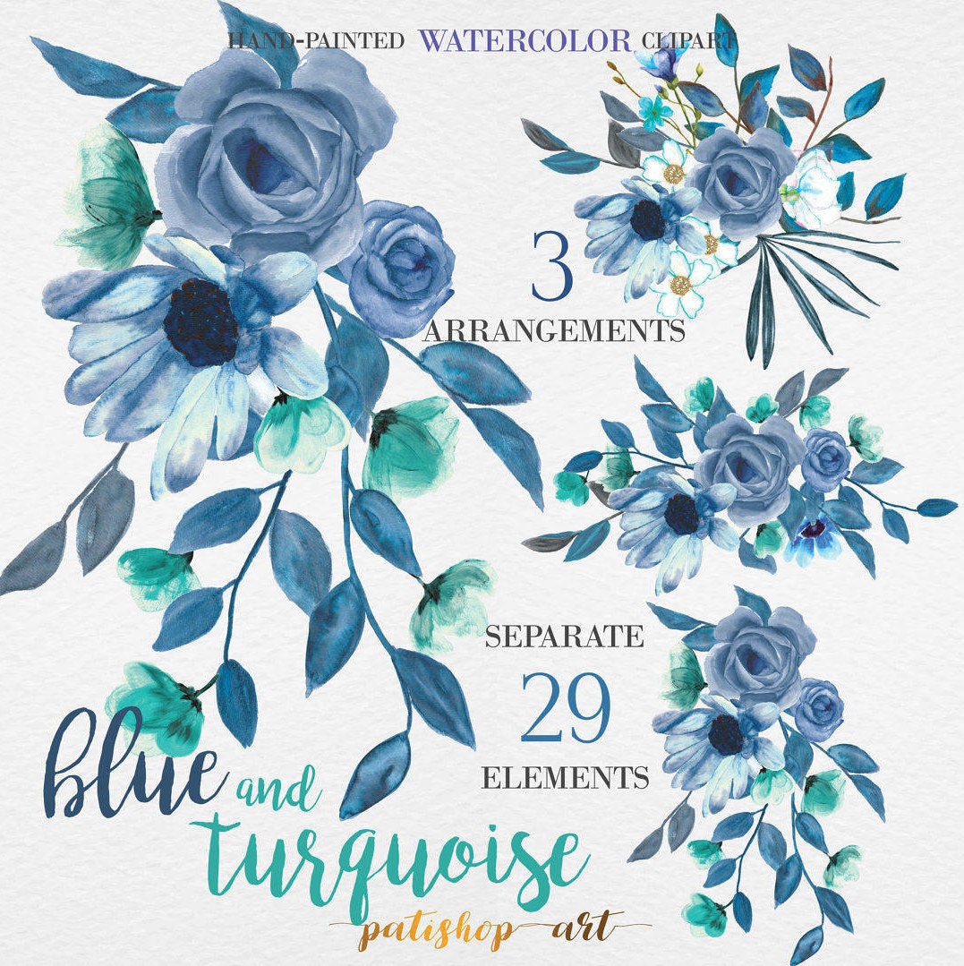 BLUE and TURQUOISE Watercolor Flower Clipart Separate Elements
