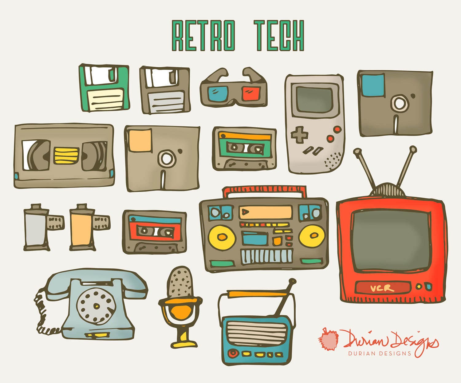 Retro tech clipart commercial use 90s technology TV vcr