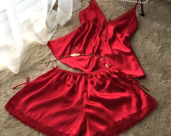 Red satin shorts | Etsy