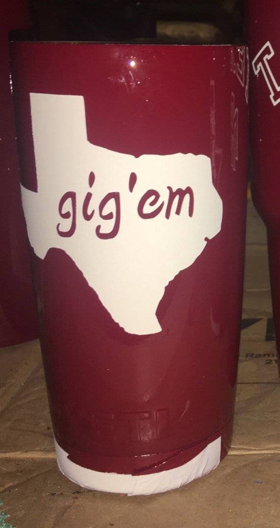 Yeti Rambler Painted Maroon with Texas A&M Gig'em Logo