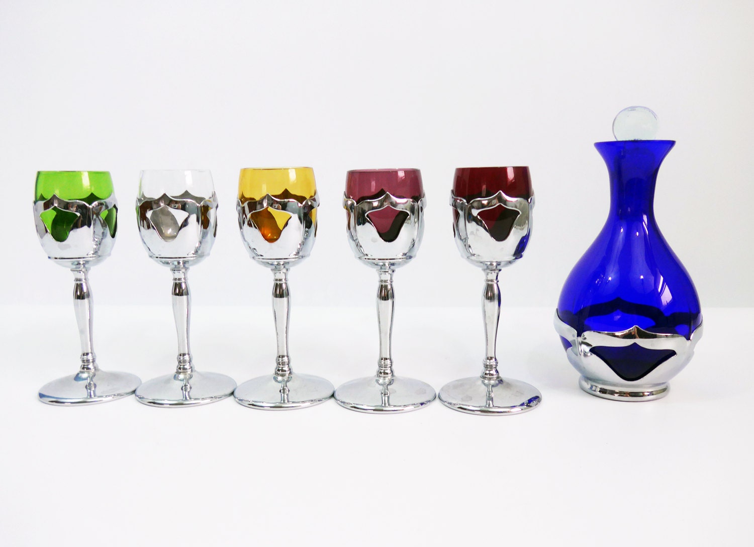 Vintage Decanter Farber Brothers Cobalt Blue Cordial Set Glass w ...