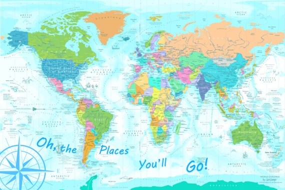 Kids World Map Oh the Places You'll Go Map Poster Map